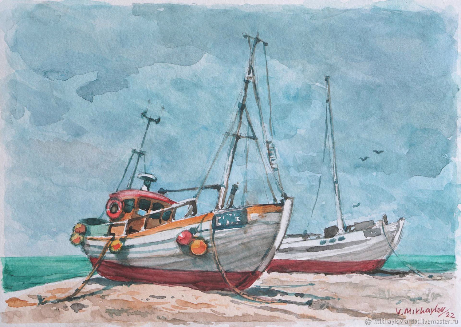 Картина акварель Формат А4 Рыбацкие лодки у берега в интернет магазине на Ярмарке Мастеров