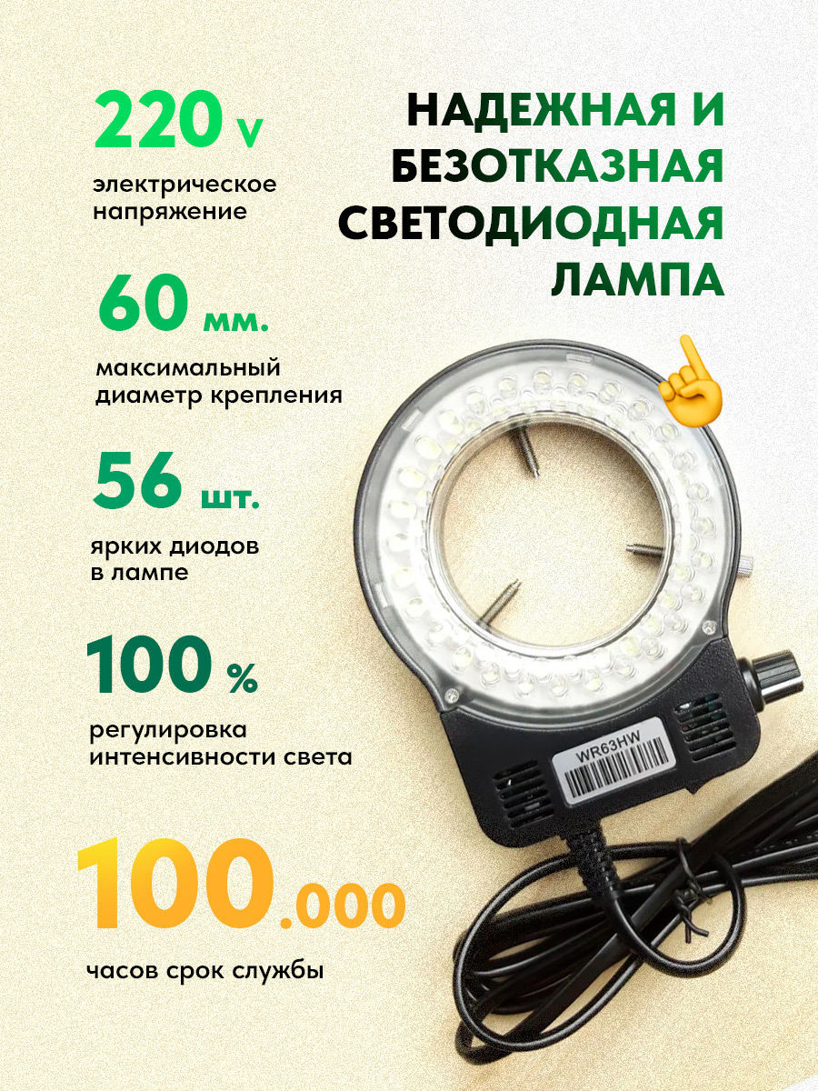 Лампа для микроскопа, подсветка кольцевая светодиодная WR63HW - LED-56 ...