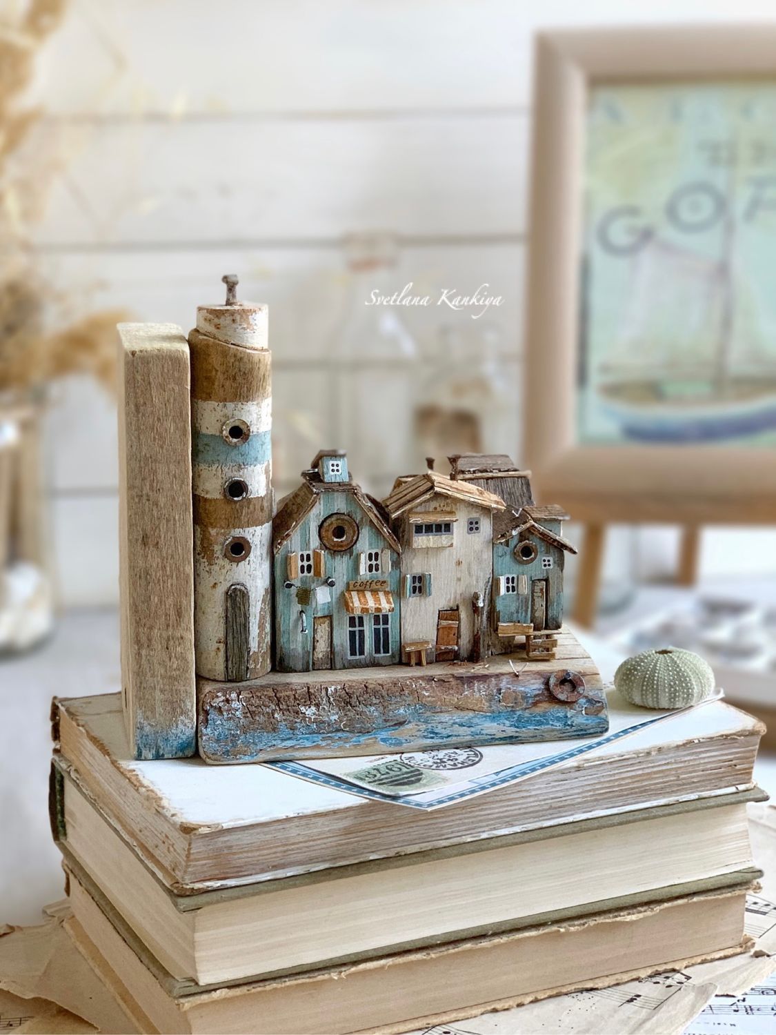 Держатель для книг Морская деревенька домики дрифтвуд в интернет магазине на Ярмарке Мастеров