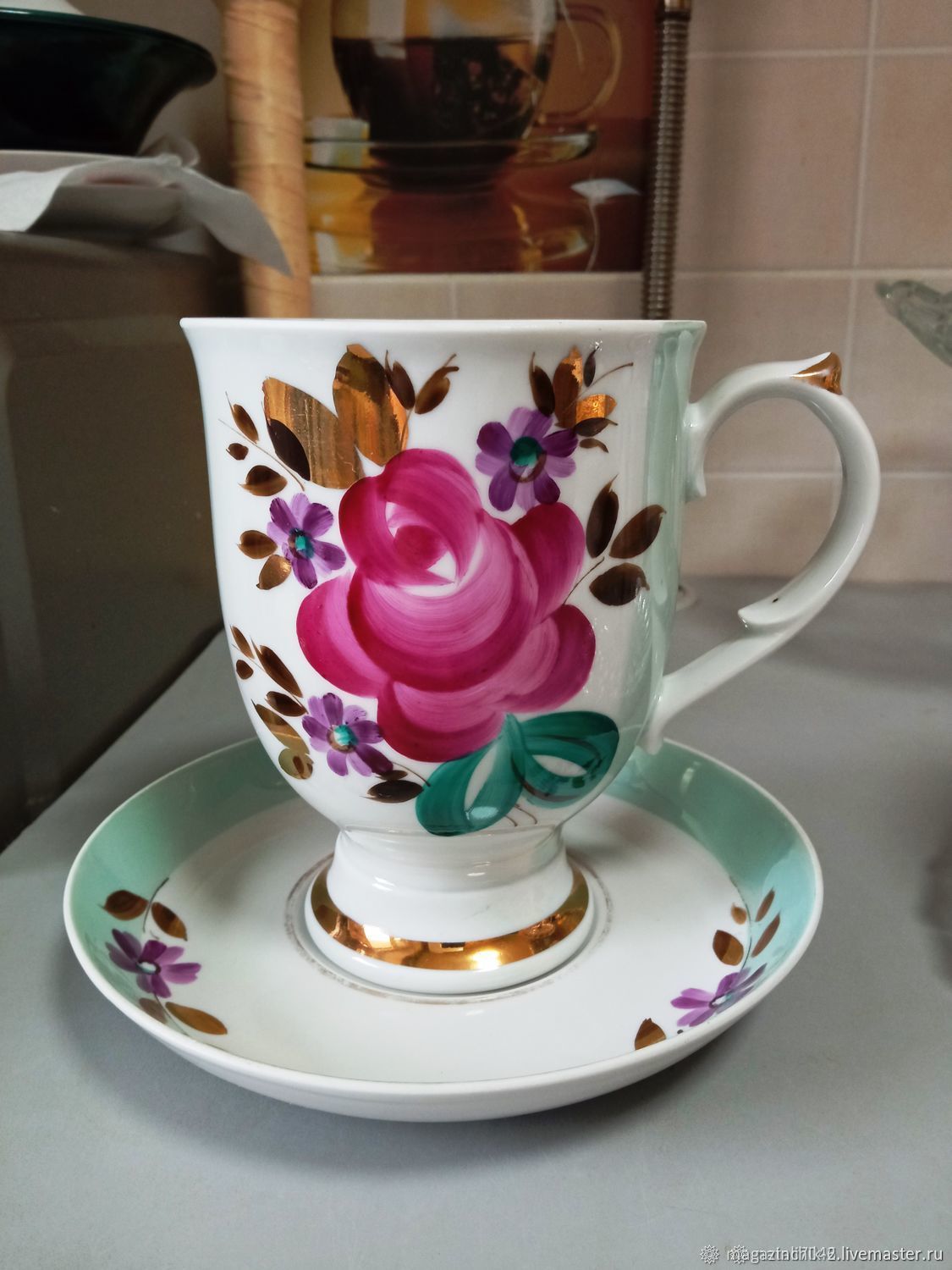 Винтаж: Кружки винтажные: Чайная пара гигант ручная роспись Дулево СССР ...