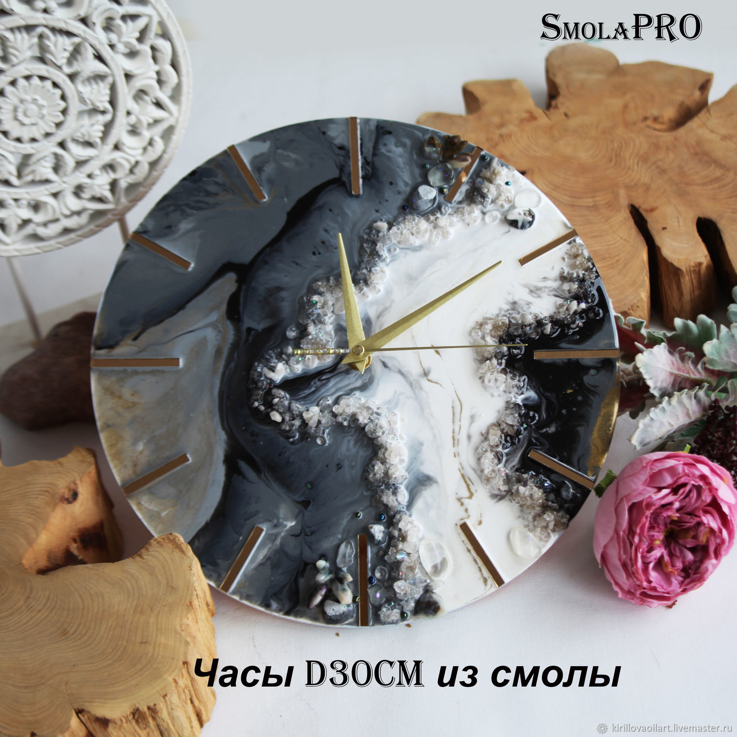 Часы настенные из эпоксидной смолы лофт 30 см черно белые серые в ...