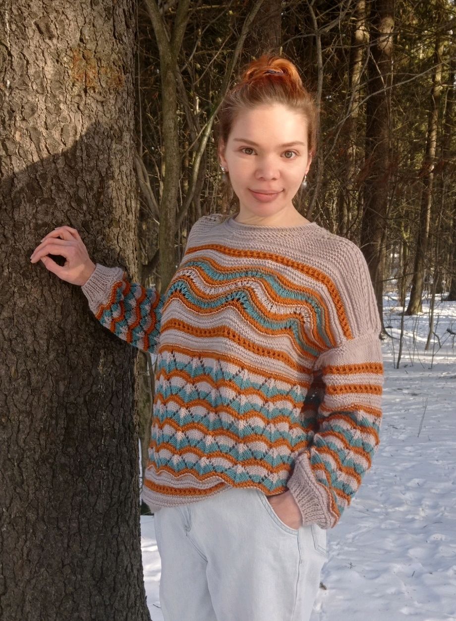 Джемпер женский вязаный спицами Ажурный Sabrina Полосатый свитер ...