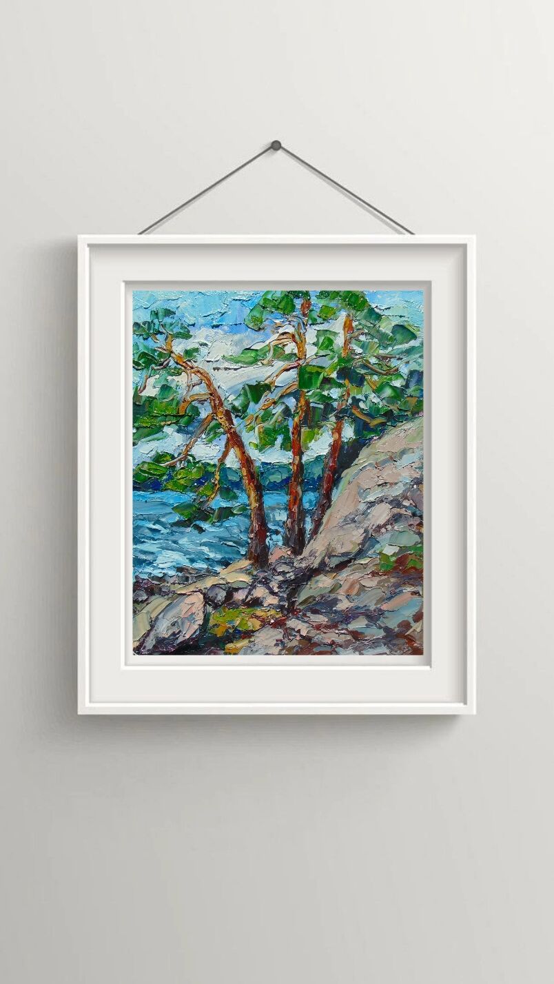 Картина летний пейзаж Карелия скалы озеро сосны дерево маслом импасто ...