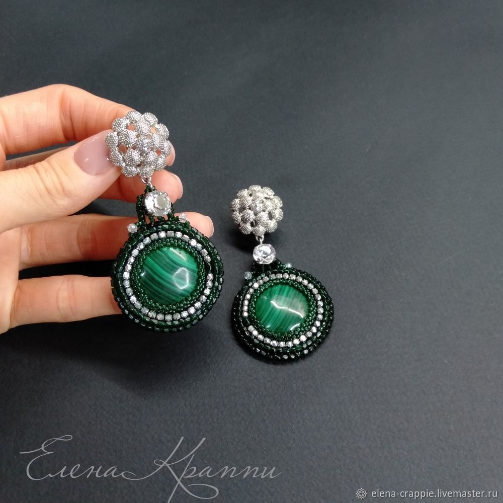 Серьги с натуральным малахитом и кристаллами Сваровски на заказ в ...