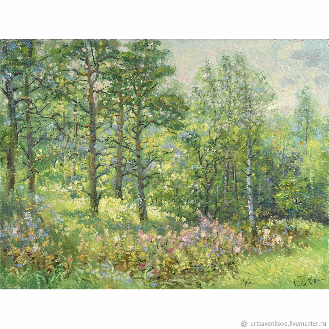 Картина маслом лесной пейзаж солнечный лес живопись в интернет-магазине ...