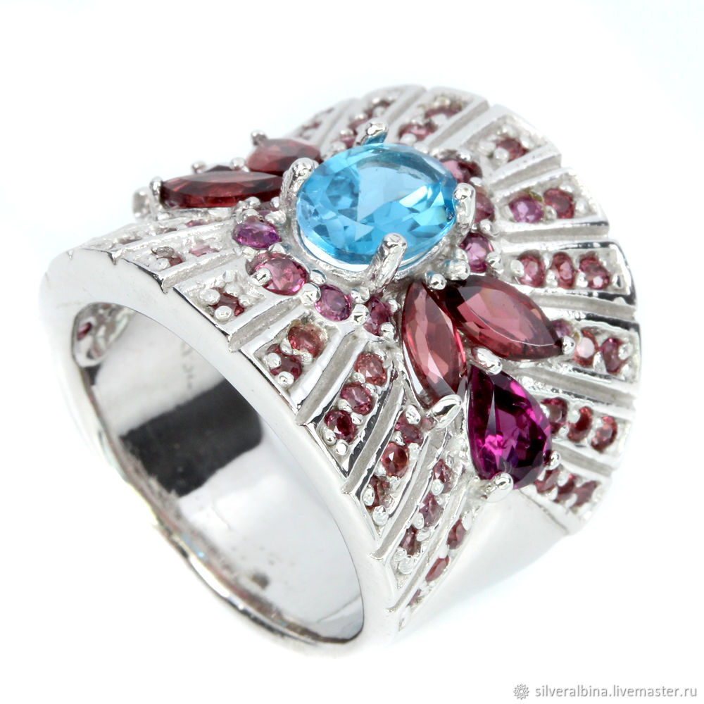 Кольцо 17,5 с голубым топазом, родолитом из серебра в интернет-магазине ...