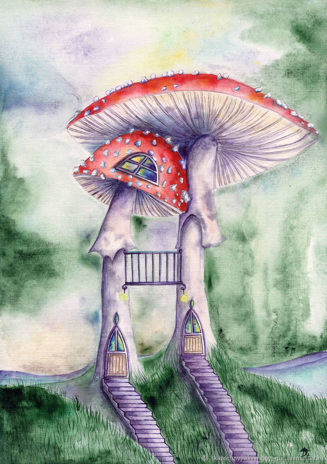 Картина акварелью Сказочный лес с мухоморами – купить онлайн на Ярмарке ...