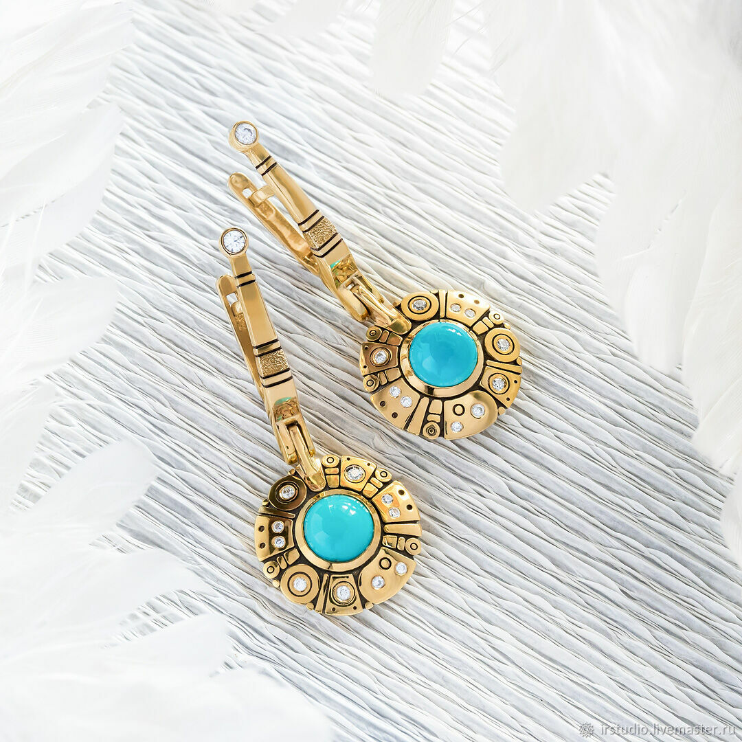 Позолоченные подвижные серьги с бирюзой sleeping beauty (ECR6) на заказ ...
