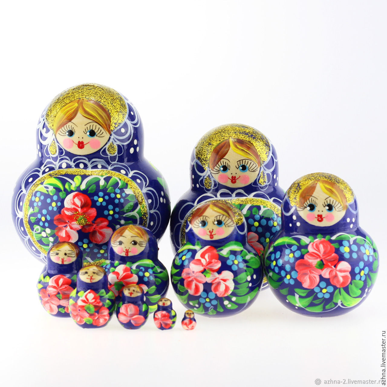 Матрешка 10 мест пузатая "Золотые подвески", синяя, 12 см в интернет ...