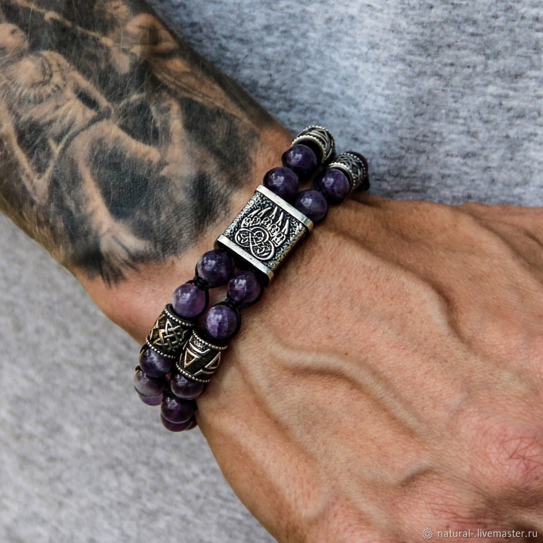 Славянский браслет мужской из аметиста с рунами кожаный браслет купить ...