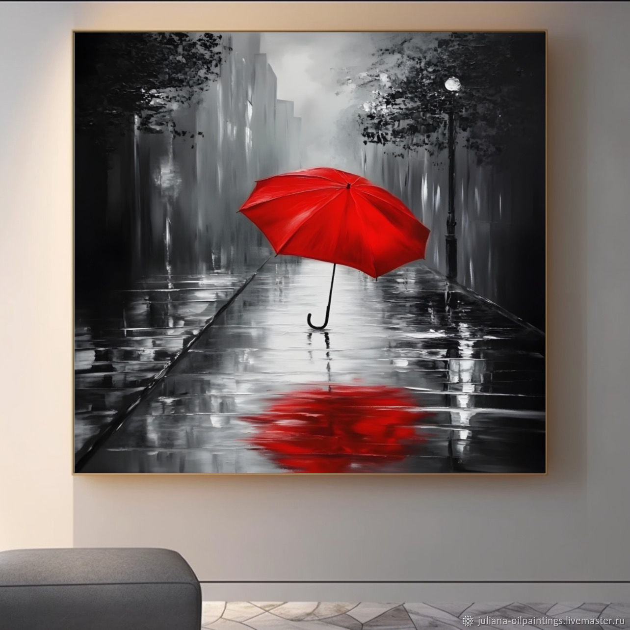 Картина маслом пейзаж Черно-белые картины современные Красный зонтик в ...
