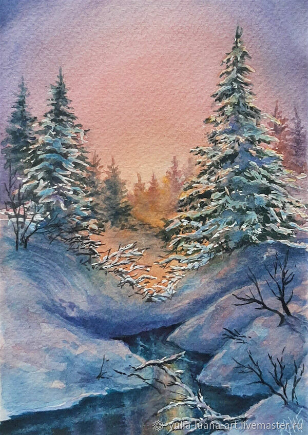 Картины: Зимний пейзаж акварелью – купить онлайн на Ярмарке Мастеров ...