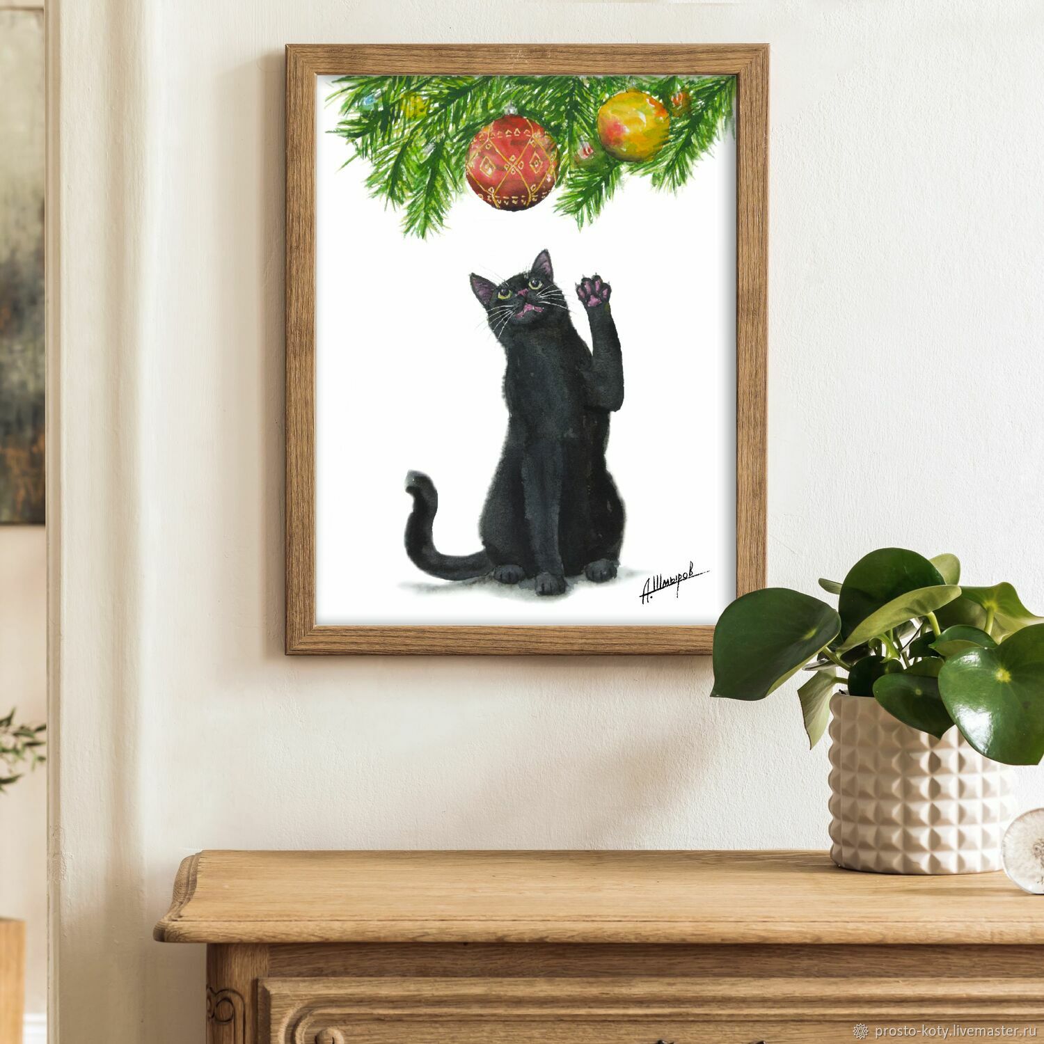 Черный кот и ёлка, кот акварелью, картина с котом, смешной кот в ...
